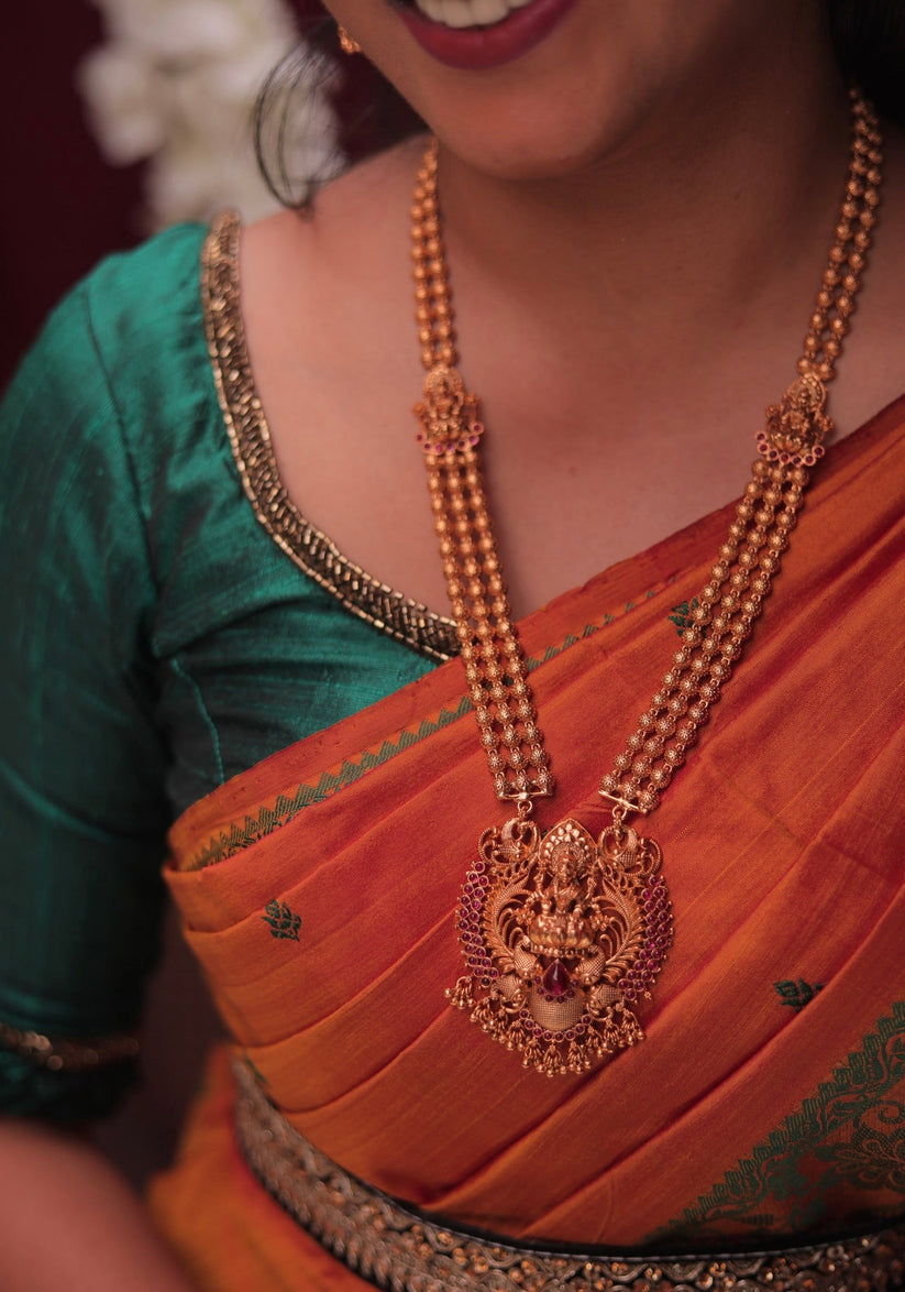 Matte Finish Gold Beaded Temple Haram – Varsha Designers