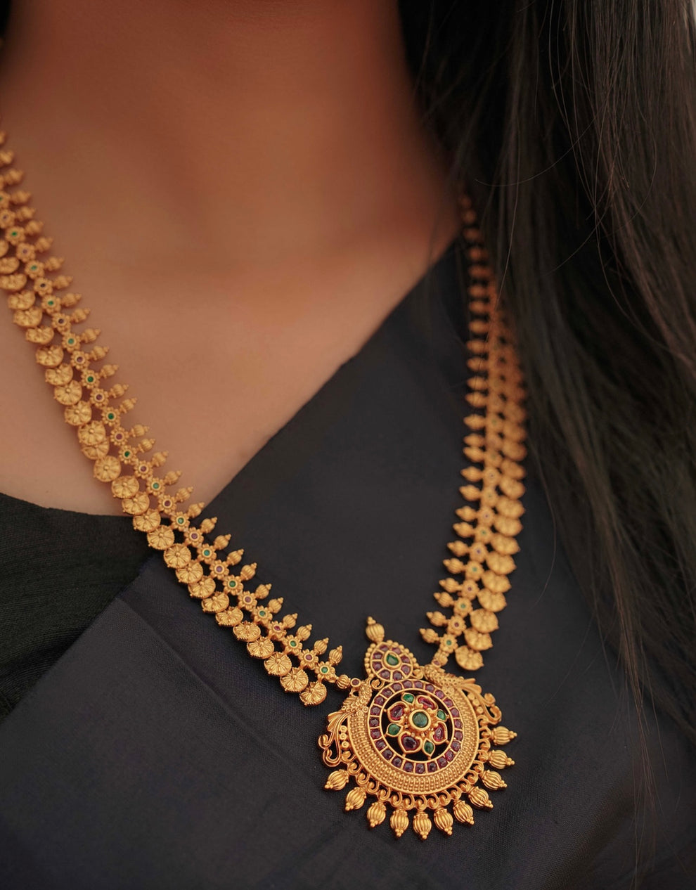 Premium Matte Temple Lakshmi Kaasu Haram – Varsha Designers
