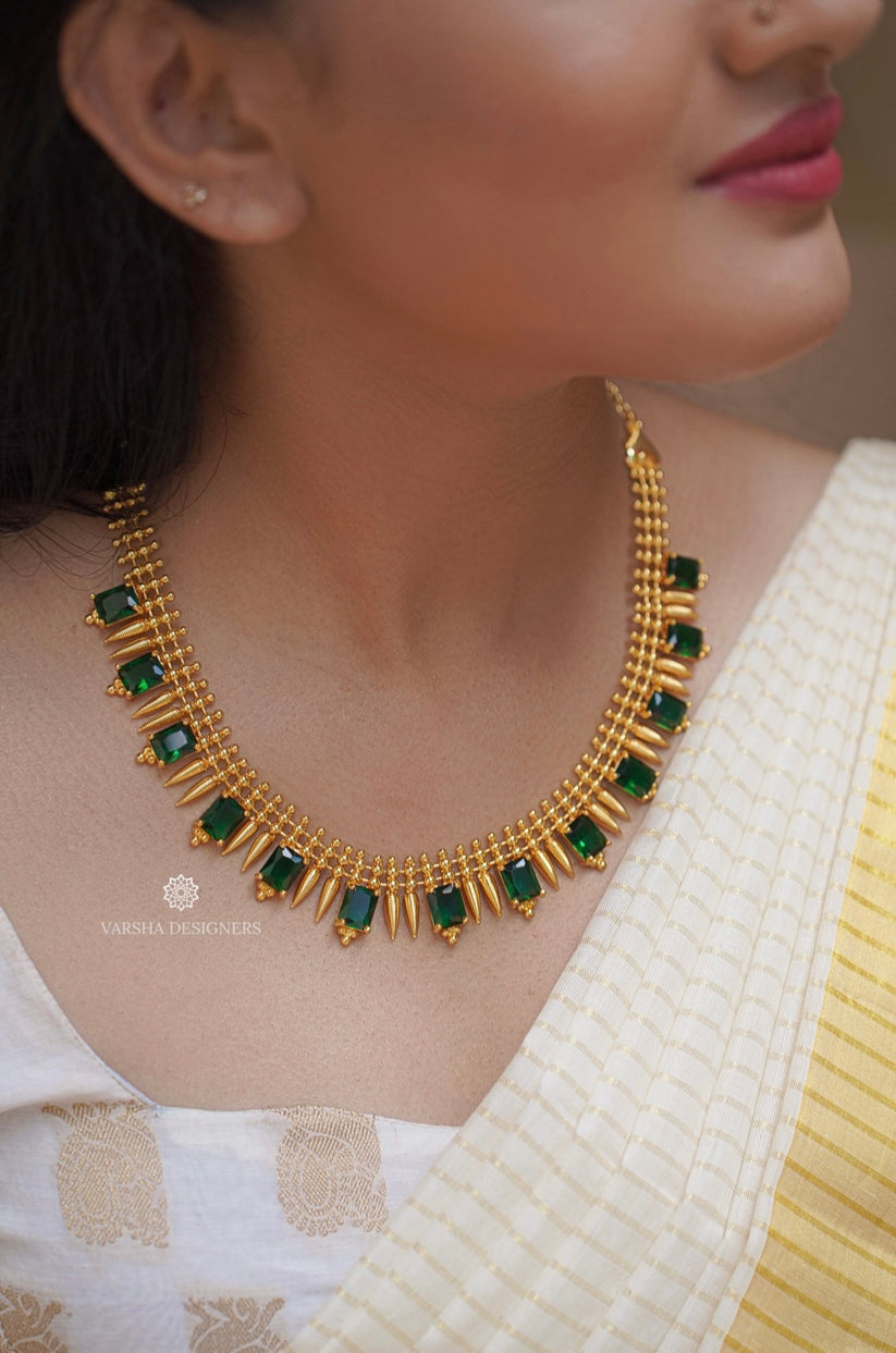 Spike Design Emerald Stone Necklace - Marathakam – Varsha Designers