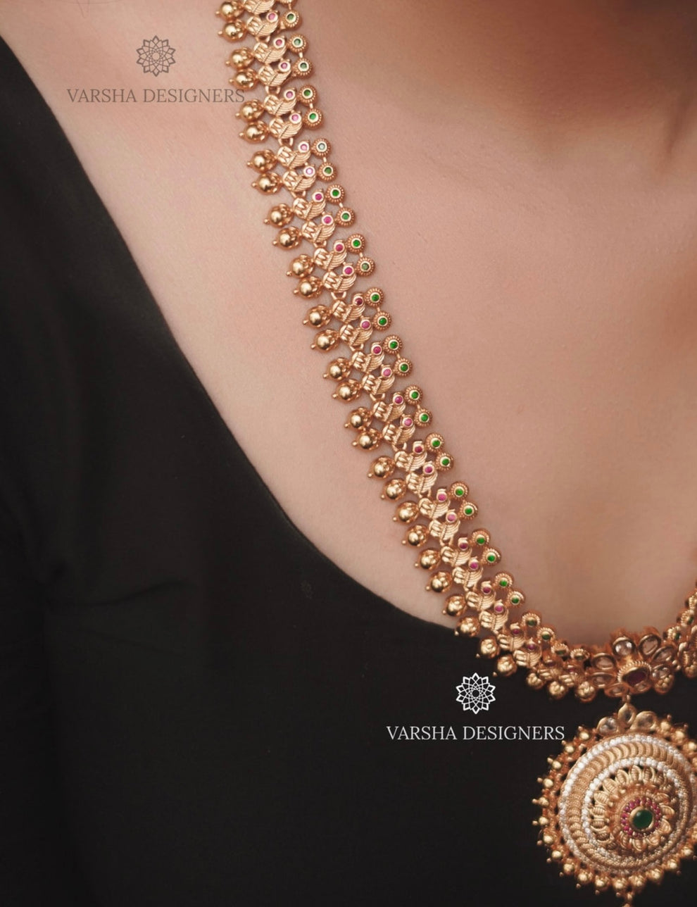 Traditional Matte Finish Chakra Design Haram – Varsha Designers